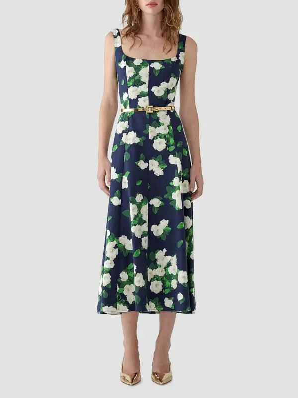 Carolina Herrera Cabana Floral Squareneck Sleeveless Cotton-blend Midi-dress - Midnight Multi