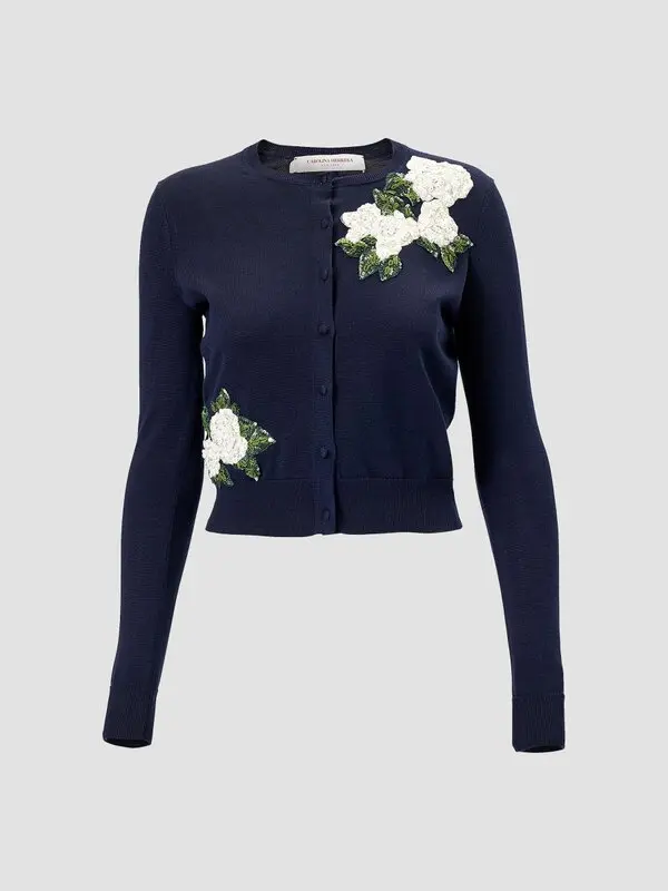 Carolina Herrera Cabana Embroidered Crewneck Silk-cotton Long-sleeve Cardigan - Midnight