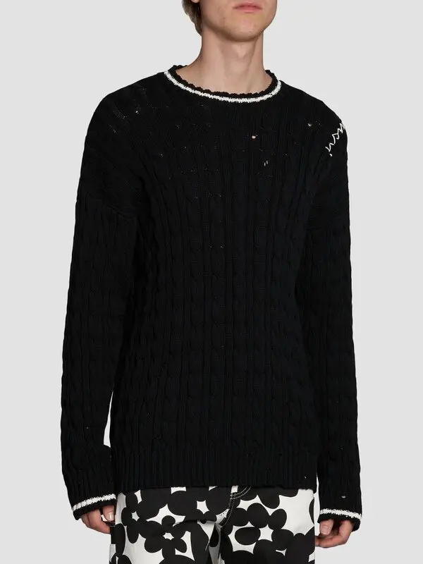 Marni Distressed Cable-knit Cotton Sweater