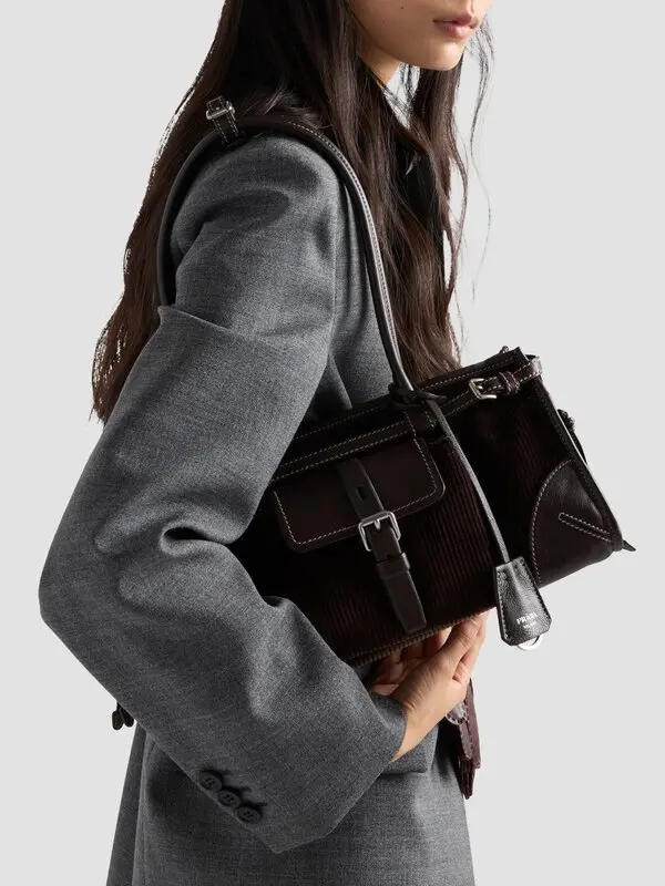 Prada Bonnie Medium Corduroy And Leather Top Handle Bag