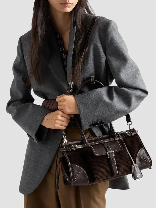 Prada Bonnie Medium Corduroy And Leather Top Handle Bag