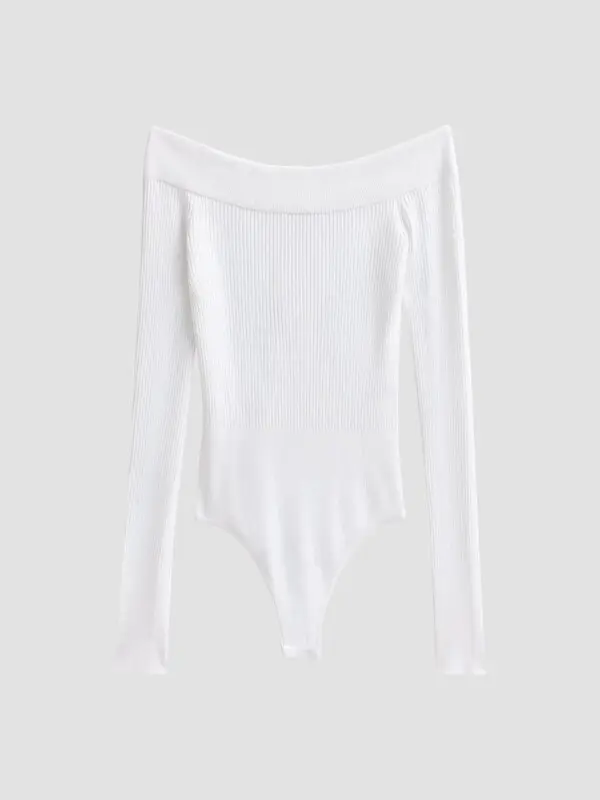 Alaïa Off-the-shoulder Long-sleeve Rib-knit Bodysuit - Blanc
