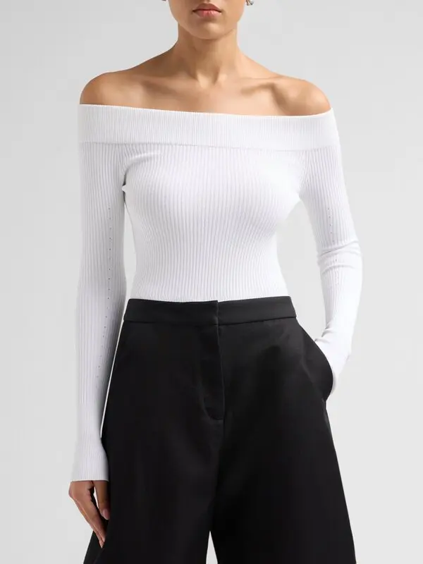 Alaïa Off-the-shoulder Long-sleeve Rib-knit Bodysuit - Blanc