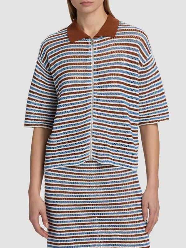 Marni Stripe Crochet Boxy Polo Cardigan - Light Brown