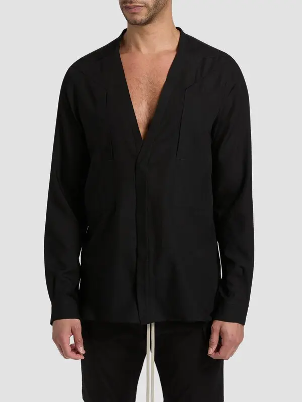 Rick Owens Larry Fogpocket Surplice V-neck Wool Shirt