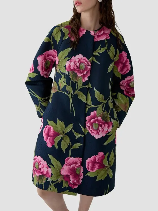 Carolina Herrera Floral Collarless Cocoon Coat