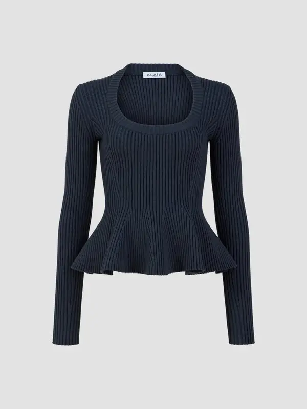 Alaïa Rib-knit Peplum Top - Gris Bleu