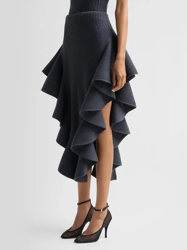 Alaïa Rib-knit Ruffle Midi Skirt