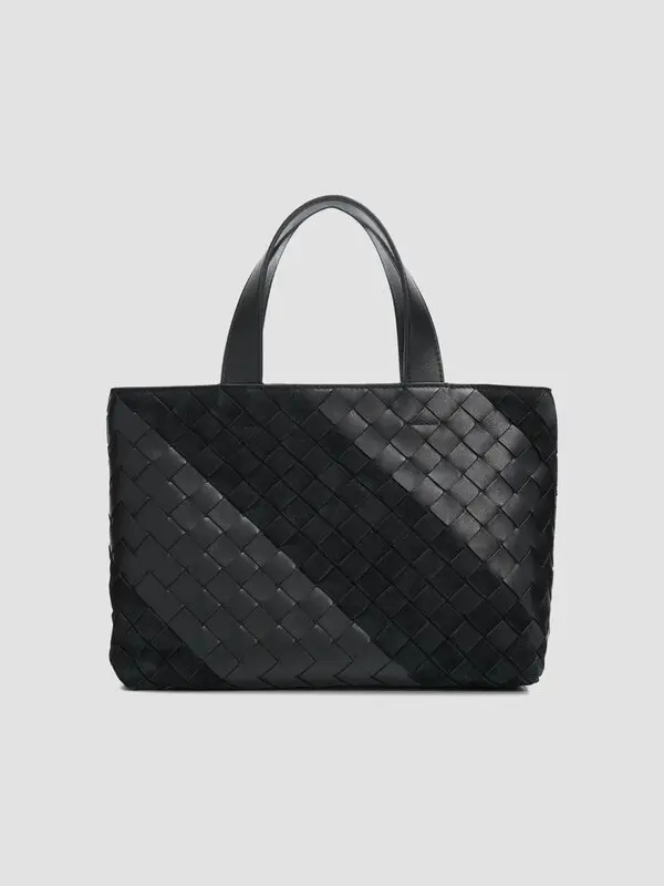 Bottega Veneta Mini Striped Intrecciato Leather & Suede Zipped Tote Bag - Black Silver