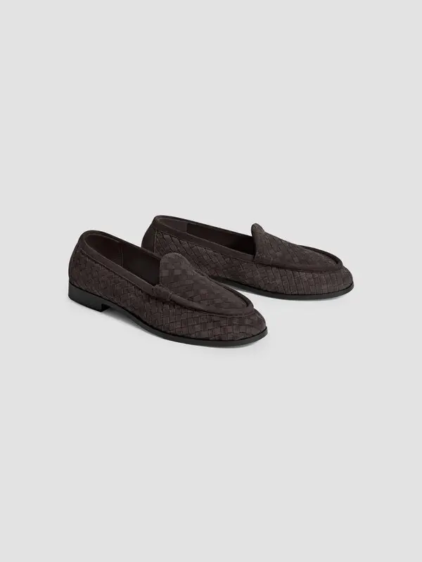Bottega Veneta Silenzio Intrecciato Suede Venetian Loafers - Espresso