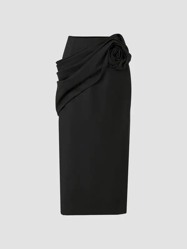 Carolina Herrera Draped 3d-rose Virgin Wool-blend Midi Skirt - Black