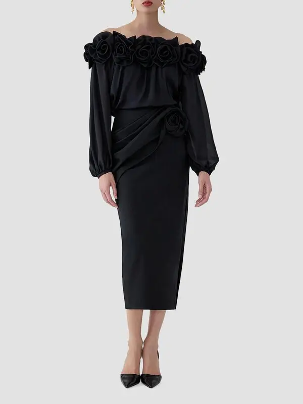 Carolina Herrera Draped 3d-rose Virgin Wool-blend Midi Skirt