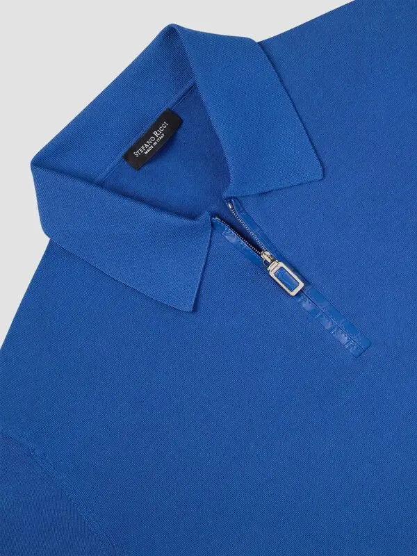 Stefano Ricci Silk And Crocodile Leather Knit Zip Polo - Blue