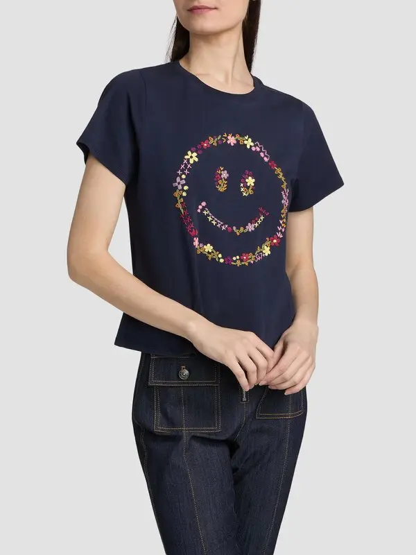 Cinq À Sept Wildflower-embroidered Cotton Shrunken T-shirt