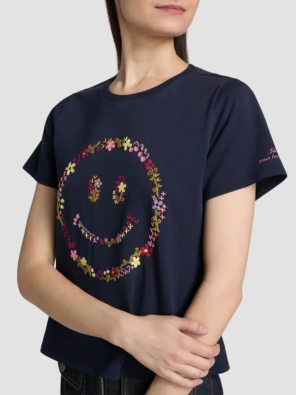 Cinq À Sept Wildflower-embroidered Cotton Shrunken T-shirt