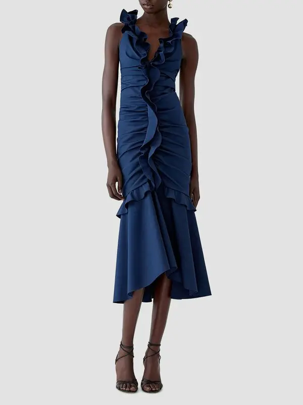 Carolina Herrera Cabana Ruched V-neck Sleeveless Midi-dress