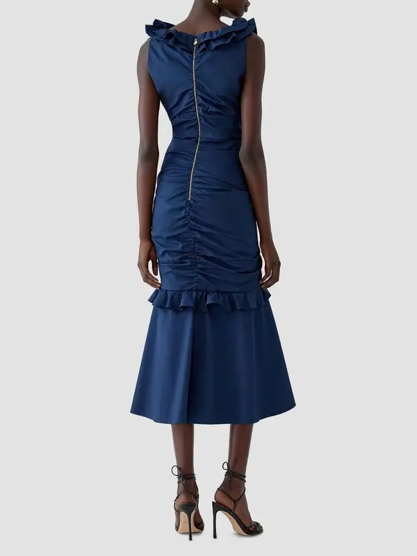 Carolina Herrera Cabana Ruched V-neck Sleeveless Midi-dress