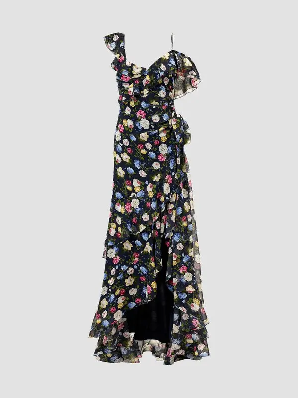 Carolina Herrera Cabana Floral One-shoulder Cap-sleeve Ruffled Gown