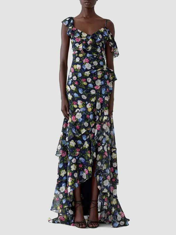 Carolina Herrera Cabana Floral One-shoulder Cap-sleeve Ruffled Gown