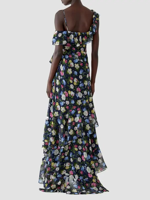 Carolina Herrera Cabana Floral One-shoulder Cap-sleeve Ruffled Gown