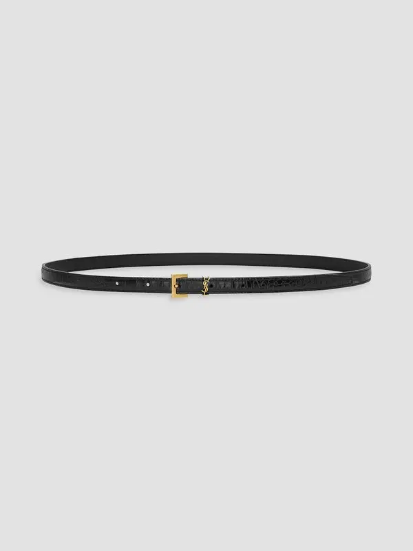 Saint Laurent Cassandre Extra Thin Belt In Crocodile-embossed Leather