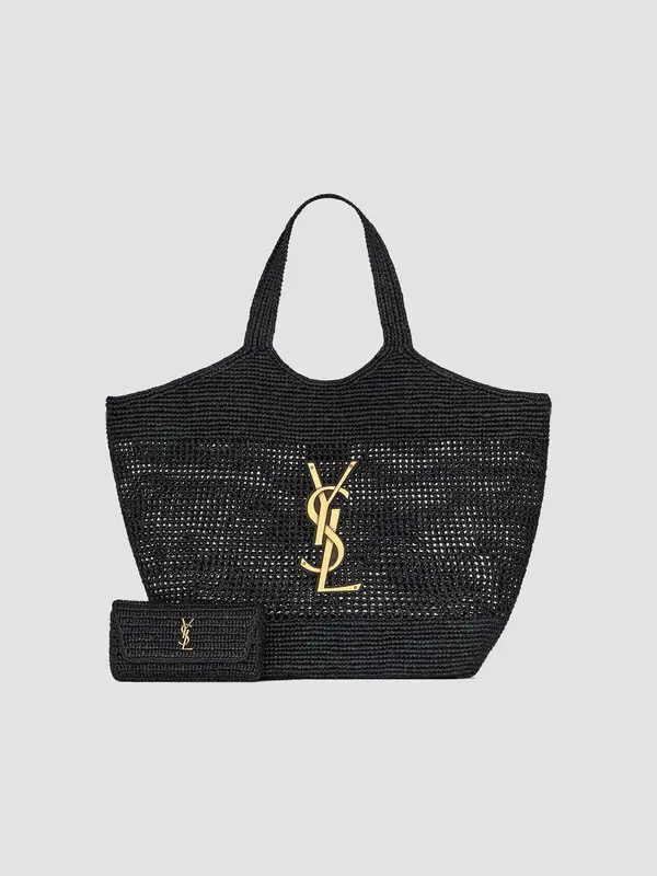 Saint Laurent Icare Tote Bag In Raffia - Black