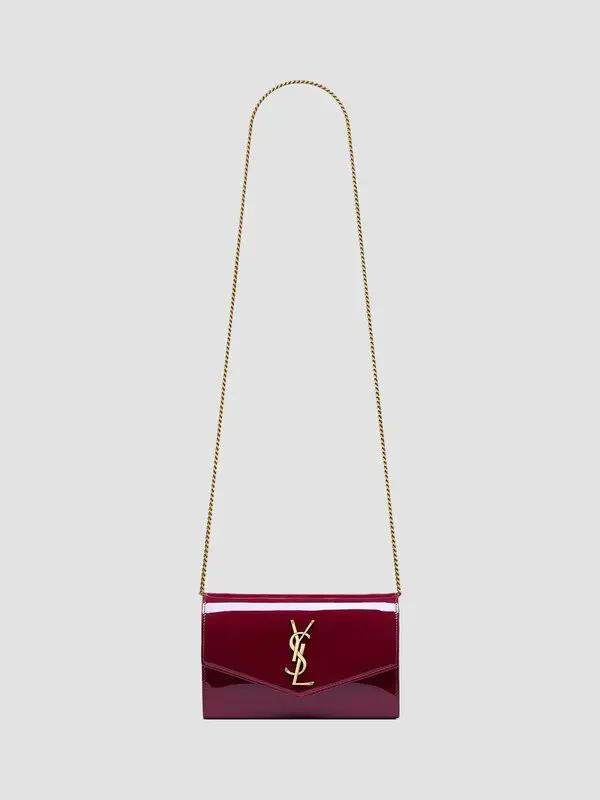 Saint Laurent Uptown Chain Wallet In Patent Leather - Grenade