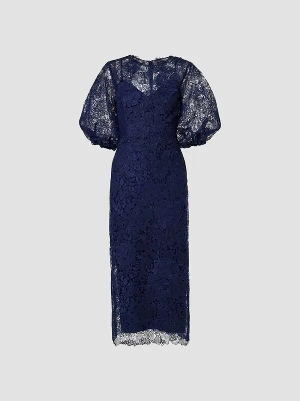 Carolina Herrera Lace Balloon-sleeve Belted Midi Pencil Dress - Midnight