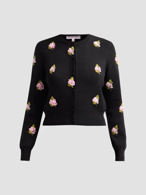 Carolina Herrera Floral-embroidered Silk-cotton Cardigan - Black Multi