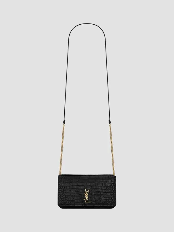 Saint Laurent Cassandre Phone Holder In Shiny Crocodile-embossed Leather - Black