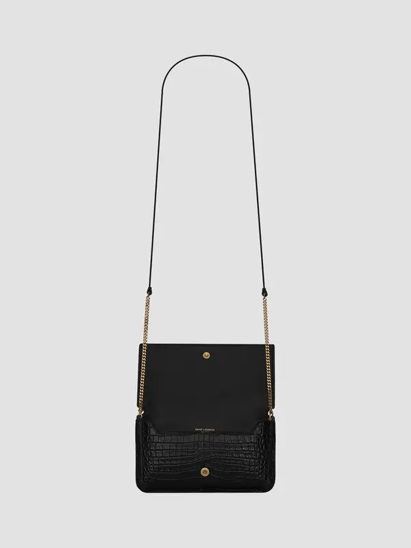 Saint Laurent Cassandre Phone Holder In Shiny Crocodile-embossed Leather