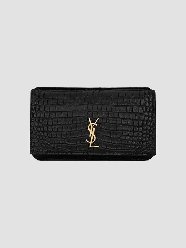 Saint Laurent Cassandre Phone Holder In Shiny Crocodile-embossed Leather