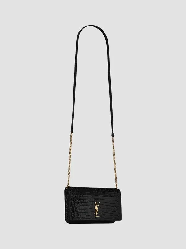 Saint Laurent Cassandre Phone Holder In Shiny Crocodile-embossed Leather