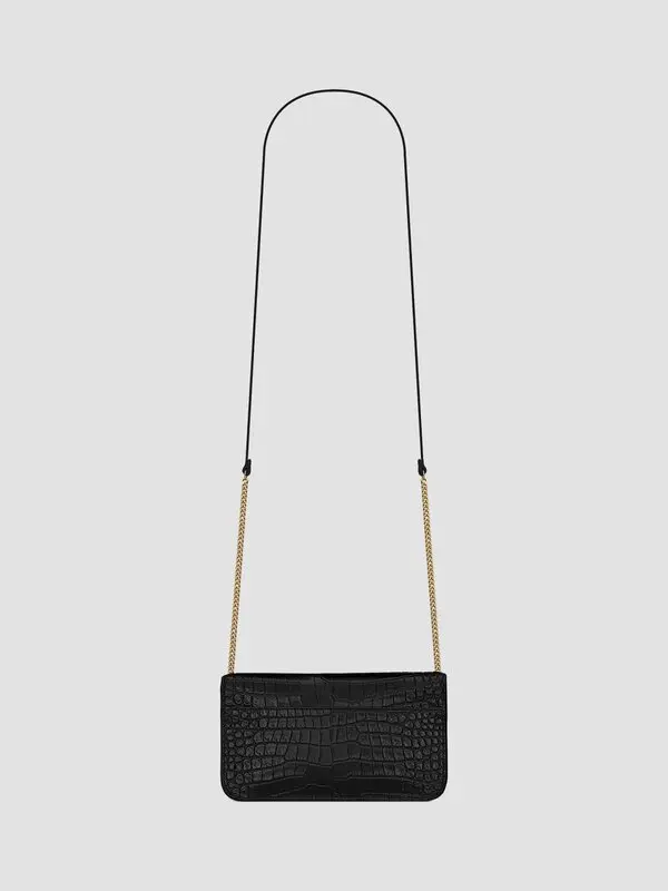 Saint Laurent Cassandre Phone Holder In Shiny Crocodile-embossed Leather