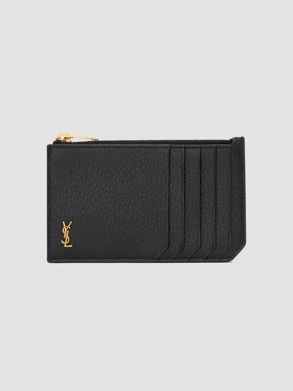 Saint Laurent Tiny Cassandre Fragts Zip Card Case In Grained Leather - Black