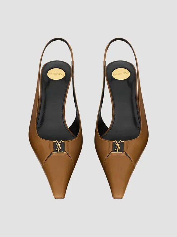 Saint Laurent Babylone Breteuil Slingback Pumps In Smooth Leather - Macadamia