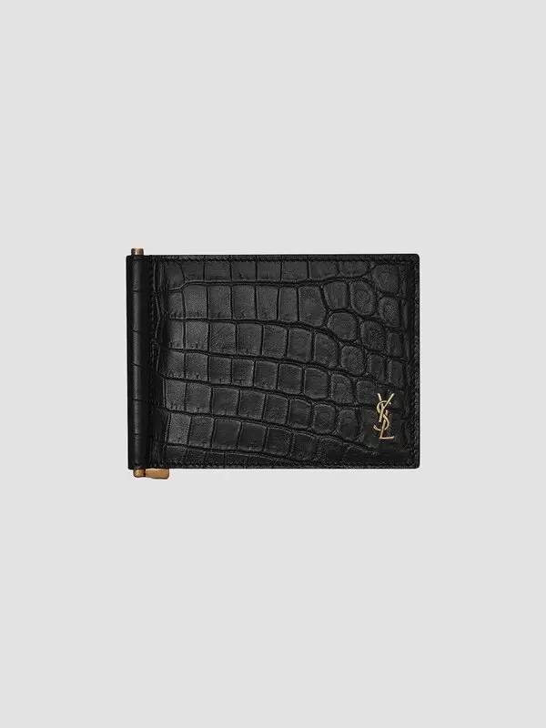 Saint Laurent Tiny Cassandre Bill Clip Wallet In Crocodile-embossed Matte Leather