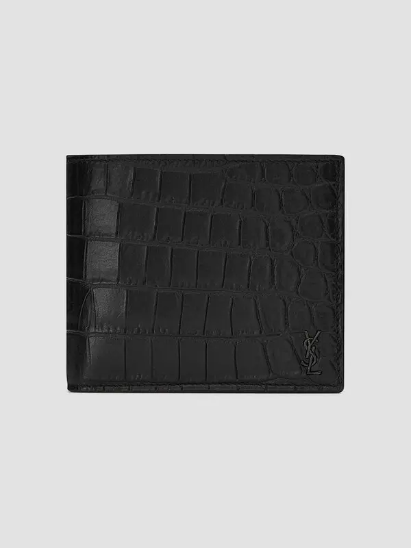 Saint Laurent Tiny Cassandre East-west Wallet In Crocodile-embossed Leather - Black