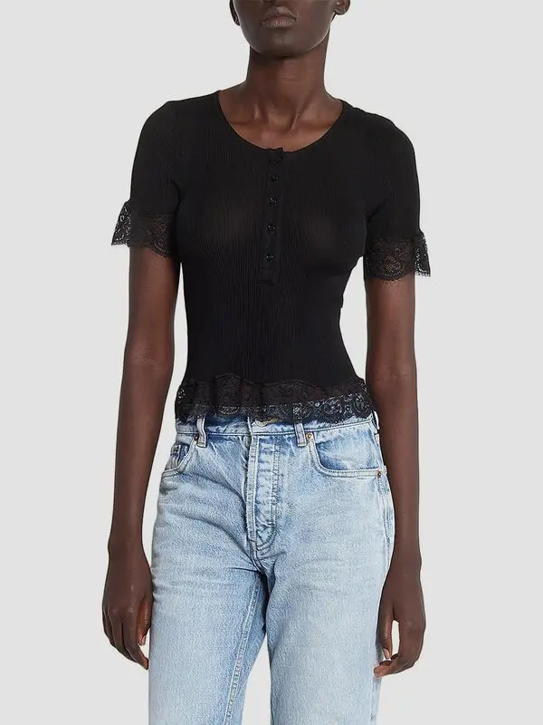 Saint Laurent Laced T-shirt In Ribbed Silk Jersey