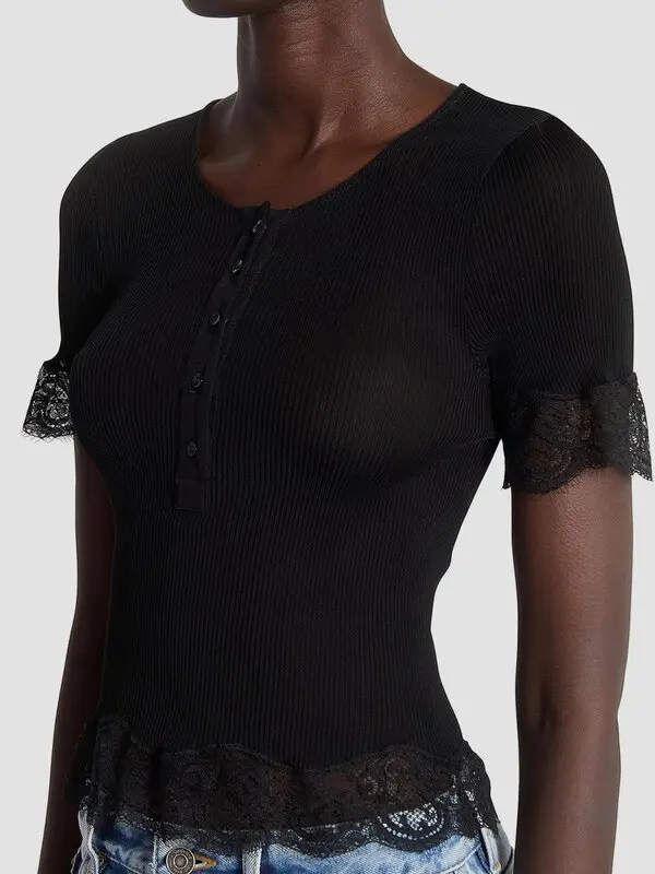 Saint Laurent Laced T-shirt In Ribbed Silk Jersey