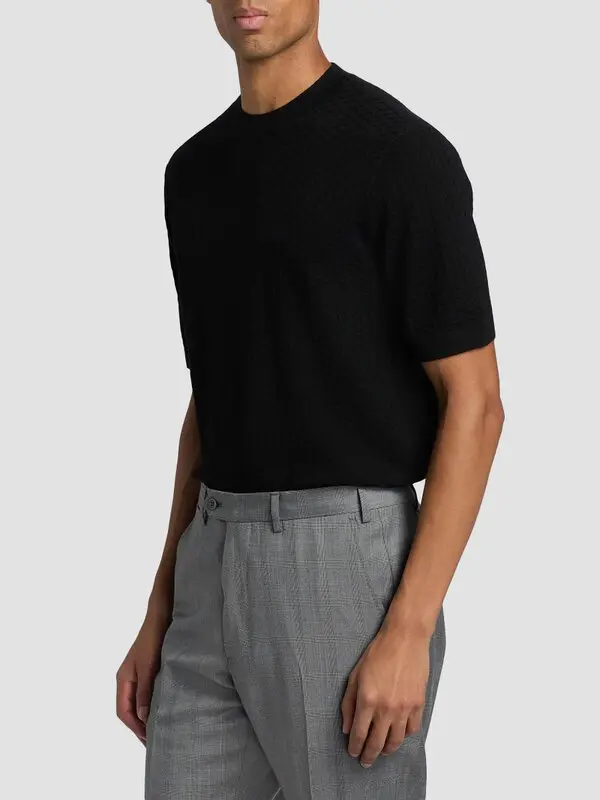 Emporio Armani Tonal Honeycomb Wool Crewneck Sweater - Black