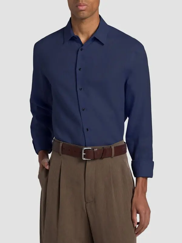 Giorgio Armani Solid Linen Shirt - Solid Blue