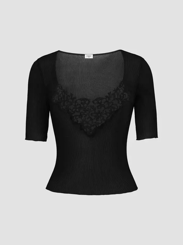 Saint Laurent Guipure Top In Ribbed Silk - Noir