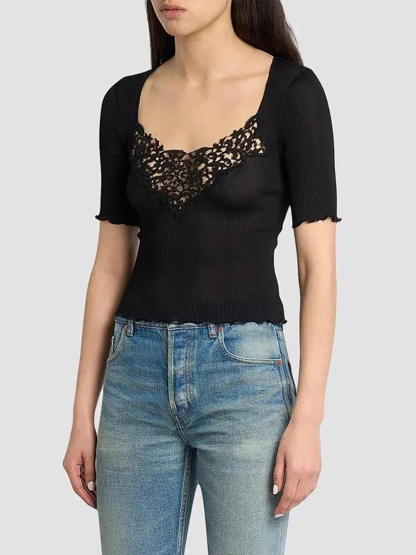 Saint Laurent Guipure Top In Ribbed Silk - Noir