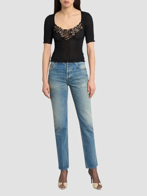 Saint Laurent Guipure Top In Ribbed Silk - Noir