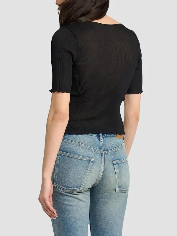 Saint Laurent Guipure Top In Ribbed Silk - Noir