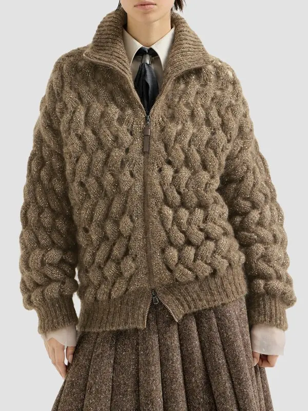 Brunello Cucinelli Dazzling Zigzag Cables Cardigan In Mohair And Wool