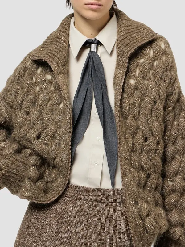 Brunello Cucinelli Dazzling Zigzag Cables Cardigan In Mohair And Wool