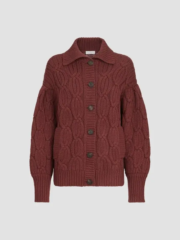 Brunello Cucinelli Cashmere Feather Yarn Heritage Cable Cardigan - Ruby