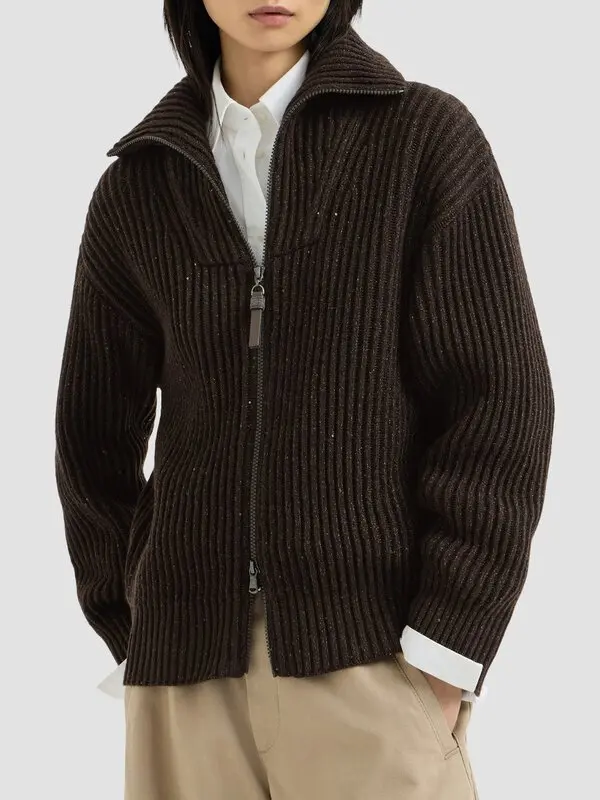 Brunello Cucinelli Cashmere And Wool Ribbed Cardigan With Shiny Zipper Pull - Coffee